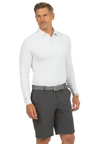 IBKUL Men's Athleisure Wear Sun Protective UPF 50+ Icefil Cooling Tech Polka Dot Print Long Sleeve Polo – 95124 (Modern Fit) White/Navy Polka Dot L