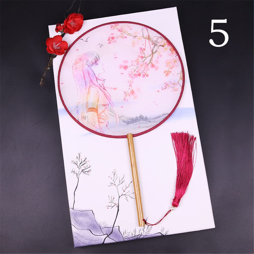 Lmtossey 1Pc Chinese Style Vintage Lady Flower Round Hand Fan Wedding Dance Handle Silk Cloth Fan