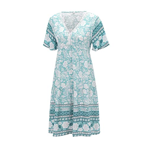 Pockets Casual Womens Summer Dresses Cute Boho Short Sleeve V Neck Beach Dress Loose Fit Mini Flowy Date Night Light Blue