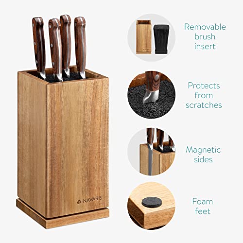 Navaris Rotating Wood Knife Block - Magnetic Universal Holder without Knives - Kitchen Storage with Plastic Bristles and Magnetic Sides - Acacia