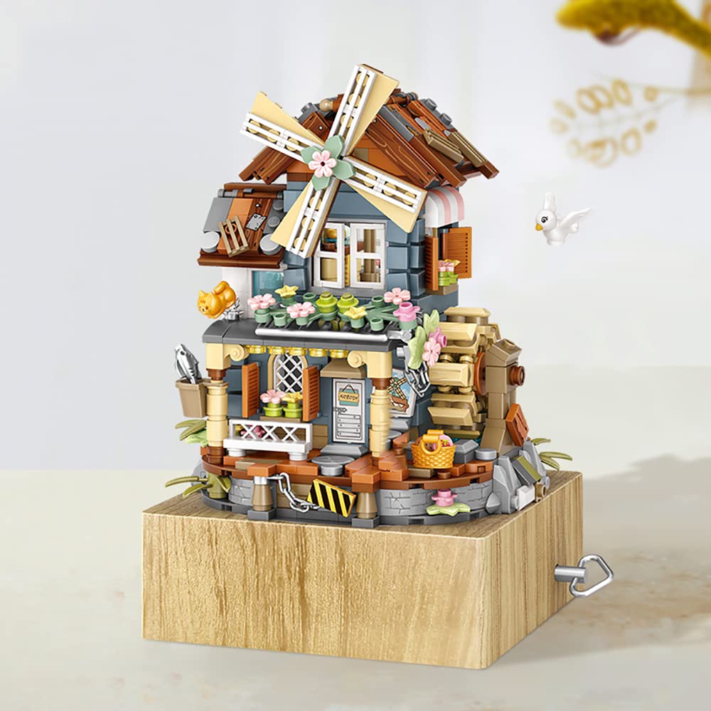NIIZ Windmill Music Box Bricks Model Set, 799 Pieces Mini Bricks House Music Box Building Set, MOC Creative Street View Modular House Building Kit Construction Toy
