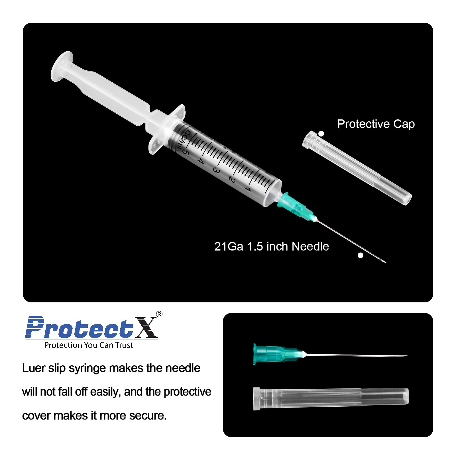 ProtectX 5ml Disposable Luer Slip Sterile Syringe with 21Ga 1.5” Needle, Individually Sealed, Smooth and Accurate Dispensing for Science Labs, 50-Pack
