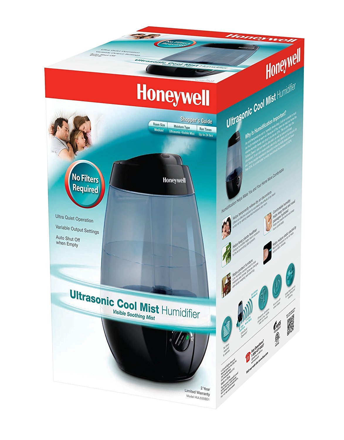 Honeywell HUL535B Filter-Free Cool Mist Humidifier, Black – Cool Mist Humidifier for Bedroom, Home or Office