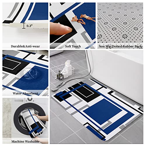 Kitchen Rugs and Mats Set -1 Pcs Non-Slip Cushioned Carpet Front of Sink Modern Abstract Geometric Washable Floor Doormat Area Runner Royal Blue Black Grey Color Blocks Absorbent Bathroom Rugs