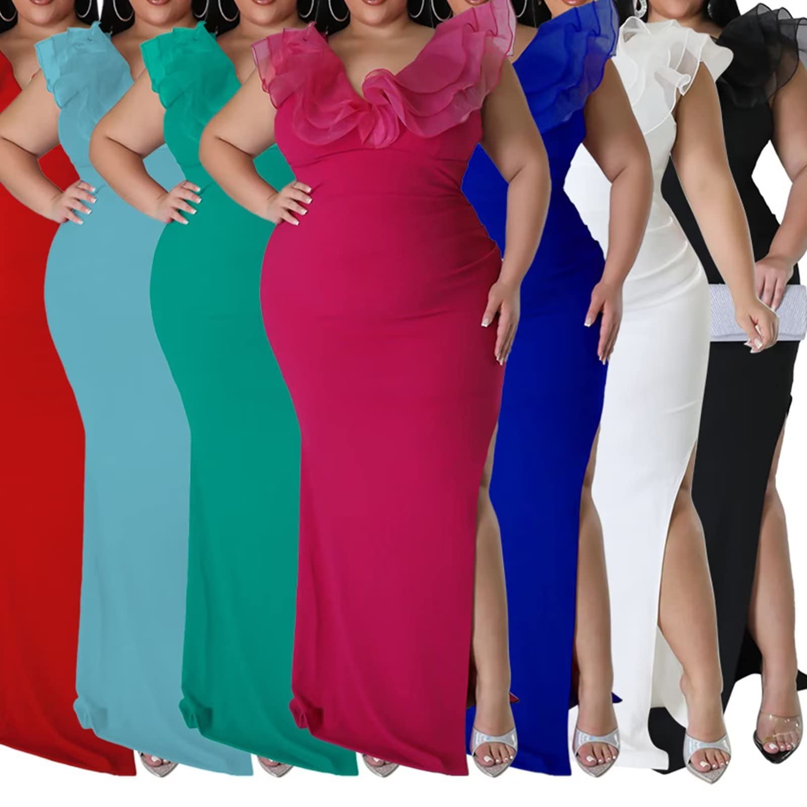IyMoo Women's Sexy Plus Size Bodycon V Neck Ruffle Mesh Sleeve Backless Cocktail Evening Mixi Dresses Black 4XL
