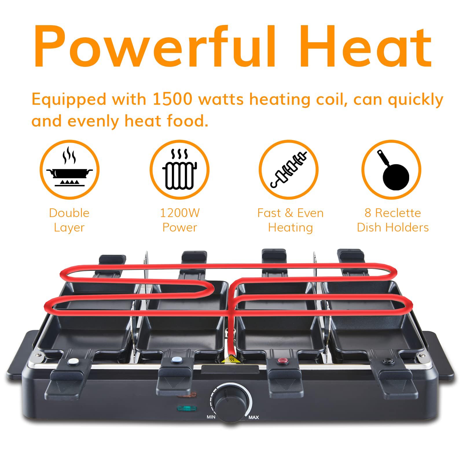 M Minca 1500 Watt Electric Raclette Grill, Korean BBQ Grill, Table Portable 2 in 1 Indoor & Cheese Raclette, Removable Hot Plate, Adjustable Thermostat, with 8 x Mini Cheese Pans & Spatulas