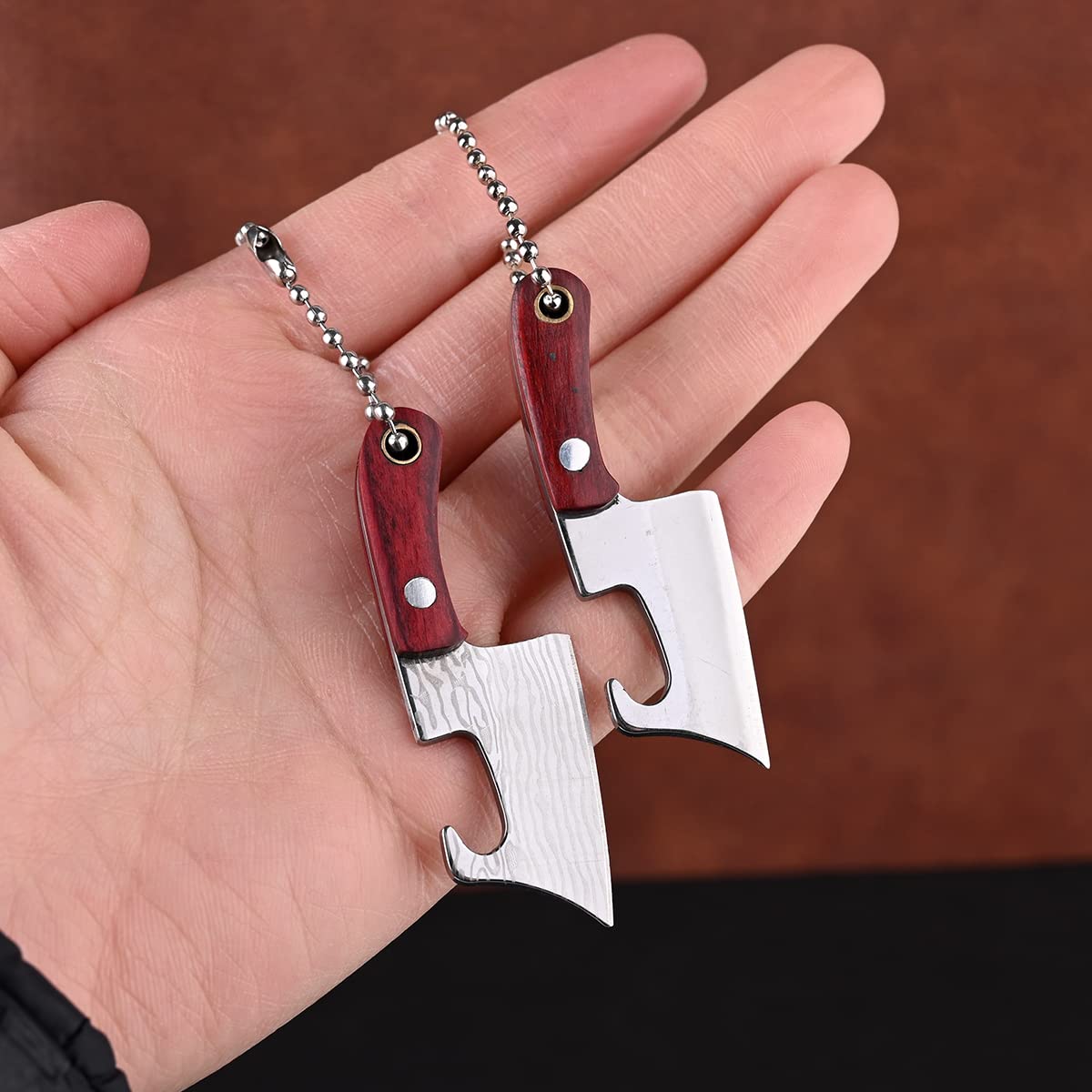 NBGDY Mini Pocket Damascus Knife keychain Set,Tiny Chef Knife Set for Package Opener ,Box Cutter, Beer Bottle Opener -2pcs(kpq-1037)