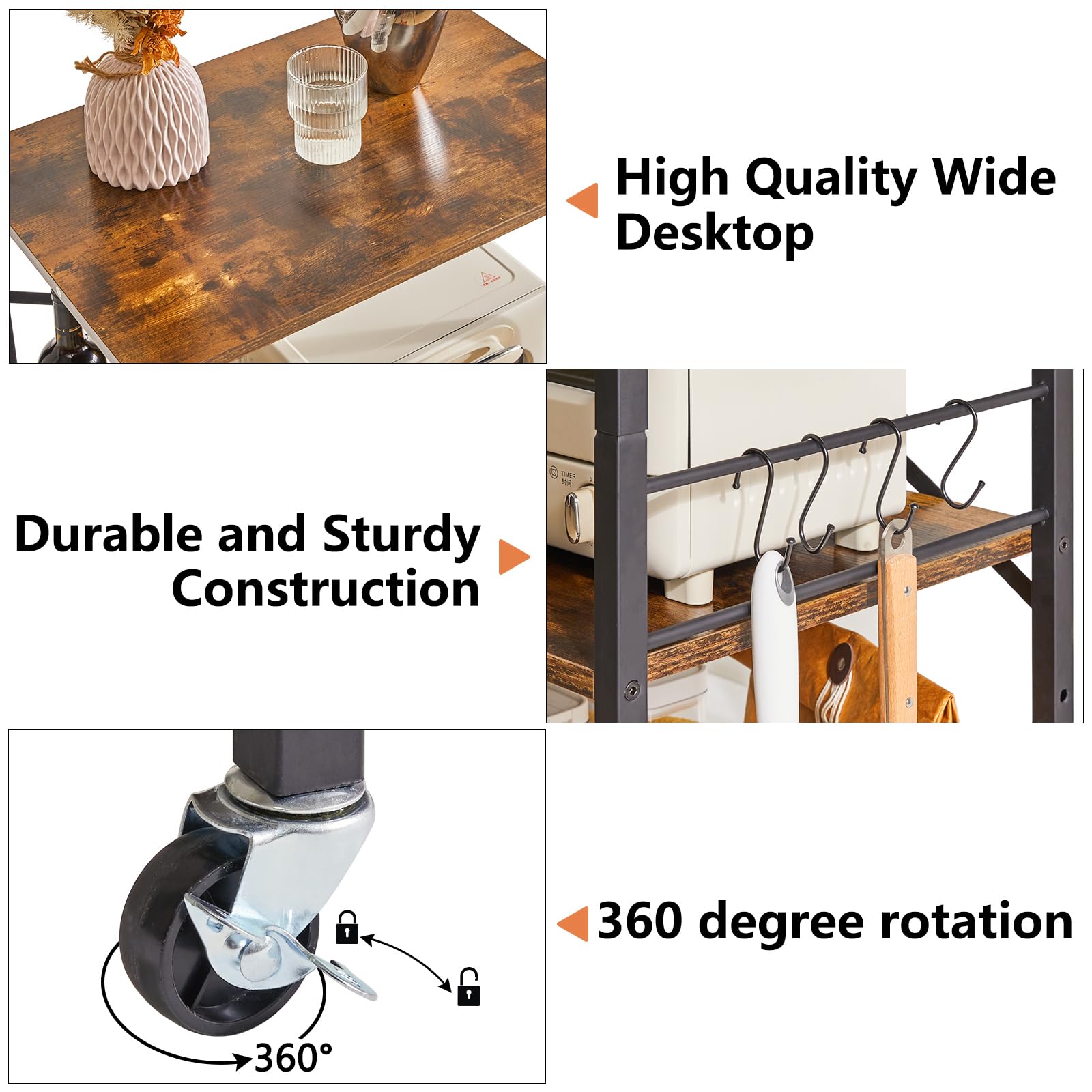 IBUYKE Kitchen Shelf, 3-Tier Microwave Oven Stand, Baker’s Rack with Metal Frame and 6 Hooks, Industrial Printer Stand, Utility Standing Storage Shelf for Coffee Bar, Simple Assembly, GL-TMJ022H
