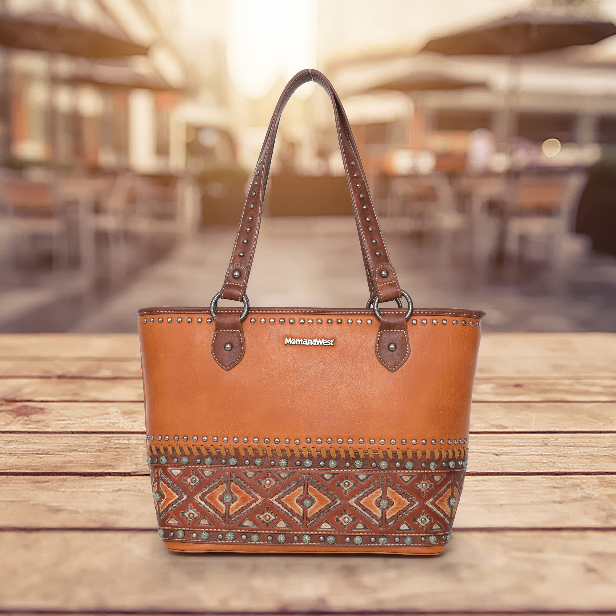 Montana West Western Tote Bag for Women Big Purses Shoulder Handbag Leather Purses with Wallet Aztec Tooled Collection MW1066G-8317BR+W