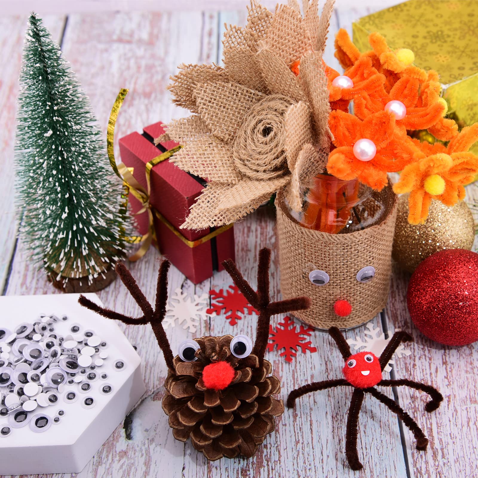 OOQCMM 450 Pieces Christmas Brown Pipe Cleaners Set, Includes 150 Pieces Chenille Stems, 150 Pieces Wiggle Eyes and 150 Pieces Pompoms for Christmas Art Craft