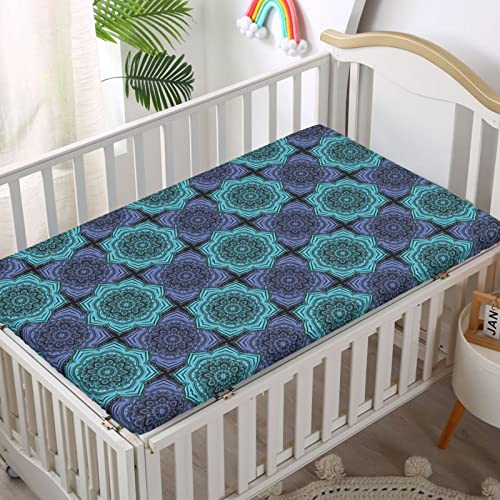 Retro Themed Fitted Mini Crib Sheets,Portable Mini Crib Sheets Ultra Soft Material-Baby Sheet for Boys Girls,24β x38β,Lavender Blue Seafoam and Black