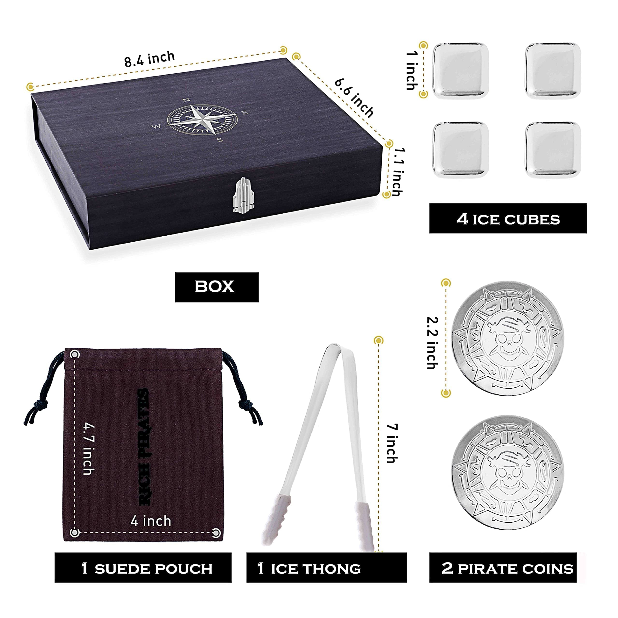 New Pirate Themed Silver Whiskey Decanter and Coin Set, Stainless Steel Whiskey Chilling Stones | 6pc Set with Chest | Whiskey Gift for Men, Dad, Husband, Boyfriend