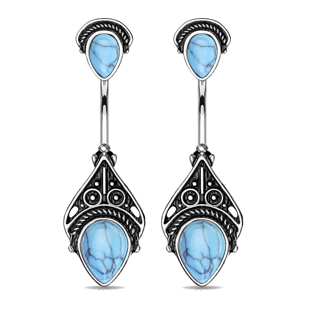 MoBody 14G Vintage Filigree with Semi Precious Stone Belly Button Ring Surgical Steel Curved Navel Barbell Body Piercing Jewelry (2 Pack Turquoise)