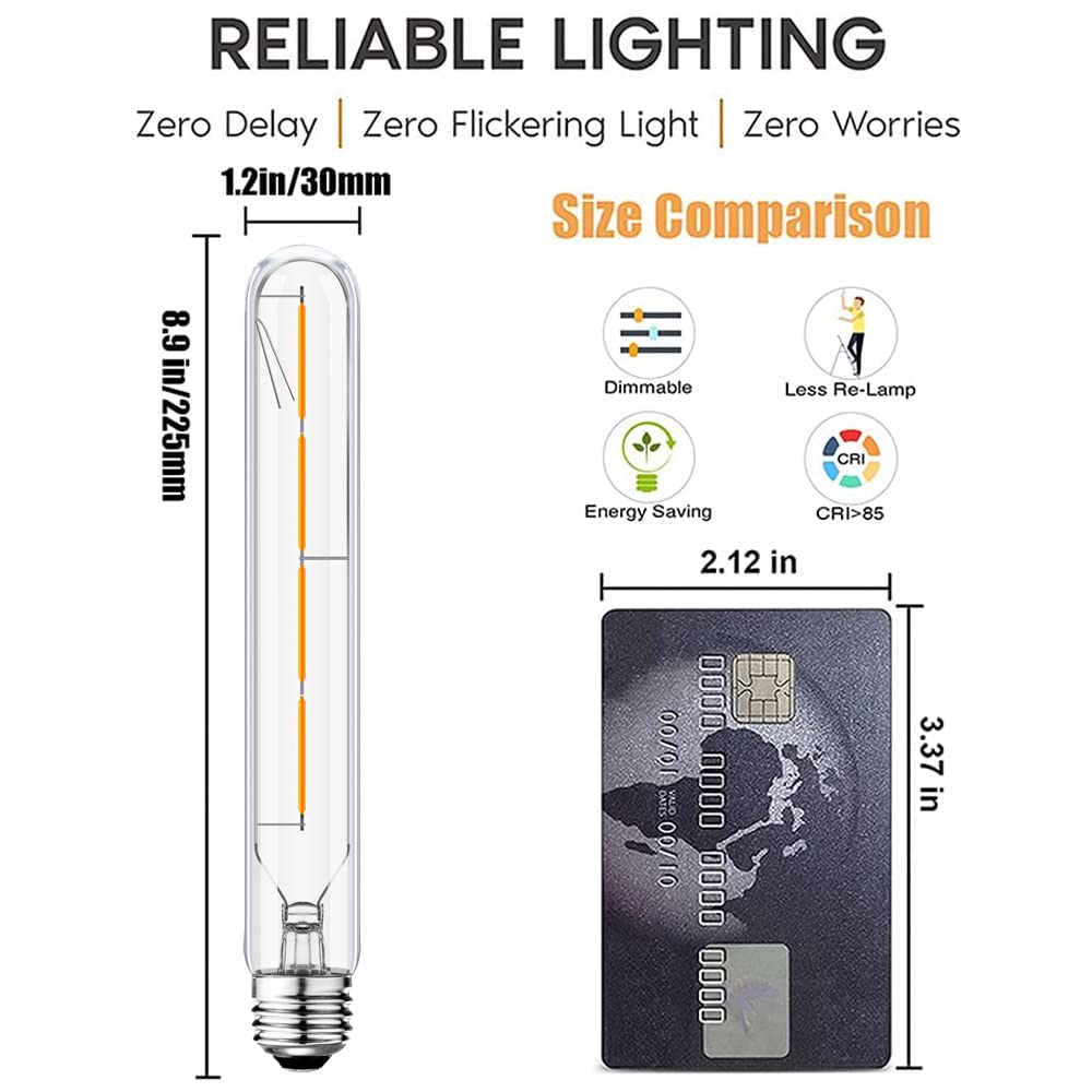 LED Tube Bulbs,Soft White 3000K,T10 Dimmable LED Filament Bulb,8.9in Tubular Edison Light Bulbs 4W Dimmable Tube Vintage Led Bulbs 40 Watt Equivalent,E26 Medium Base Lamp (4-Pack)