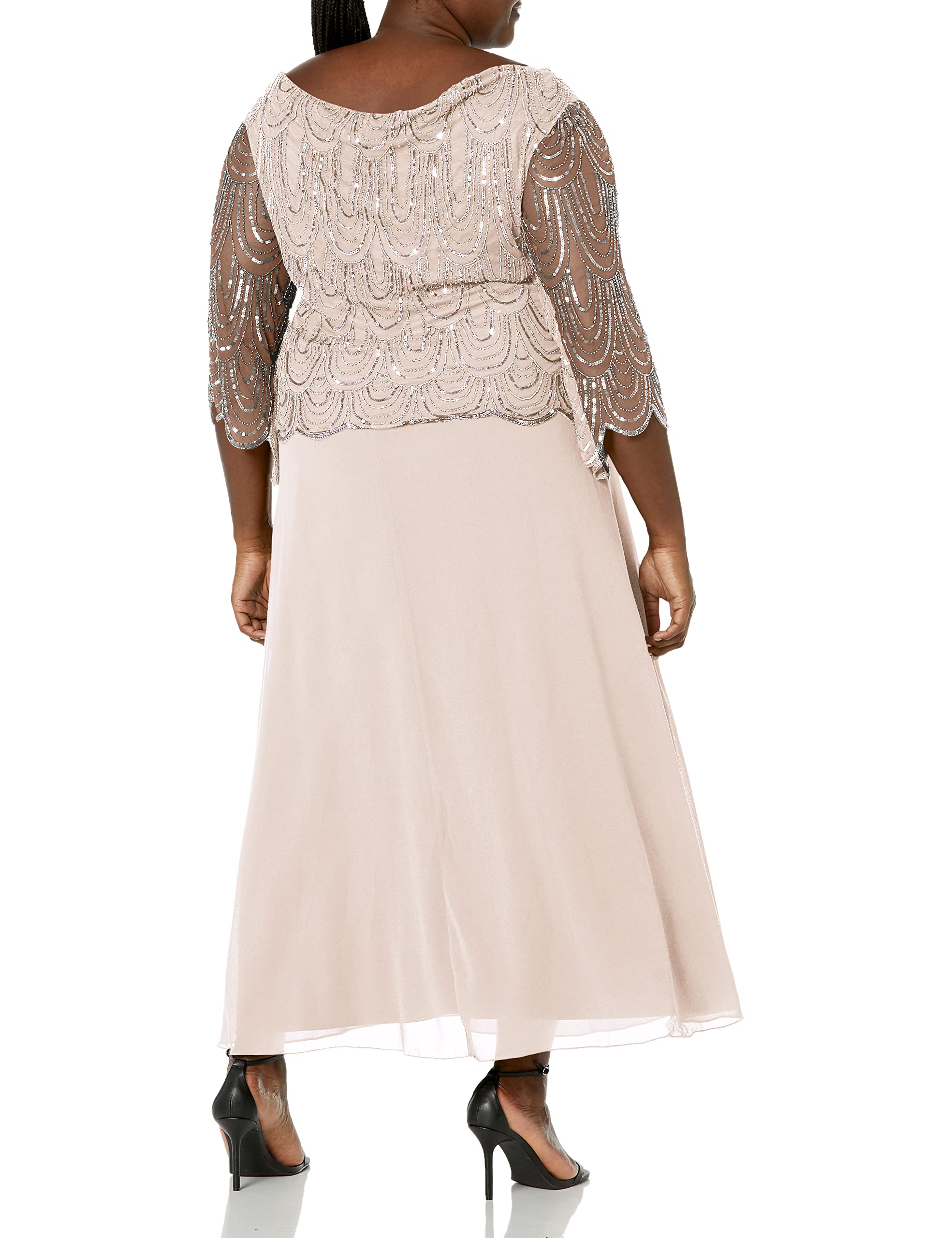 J Kara Women's Petite 3/4 Scallop Beaded Pop Over Gown, Blush/Mercury, 10P