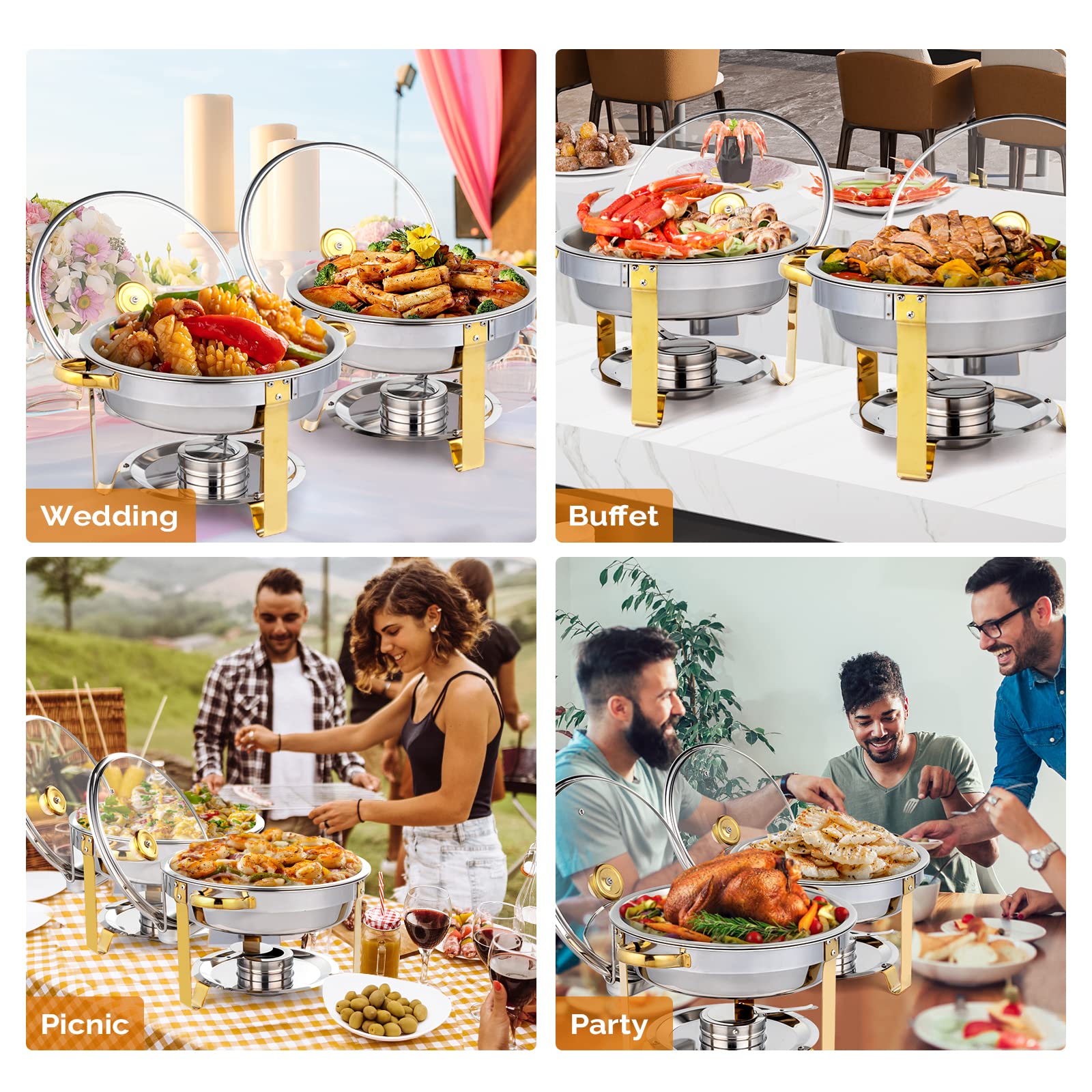 ROVSUN 5QT 8 Packs Chafing Dish Buffet Set Gold Accent, Round NSF Stainless Steel Buffet Warmer Chafers and Buffet Warmers Sets with Glass Lid & Lid Holder for Catering Events Parties Weddings Dinners