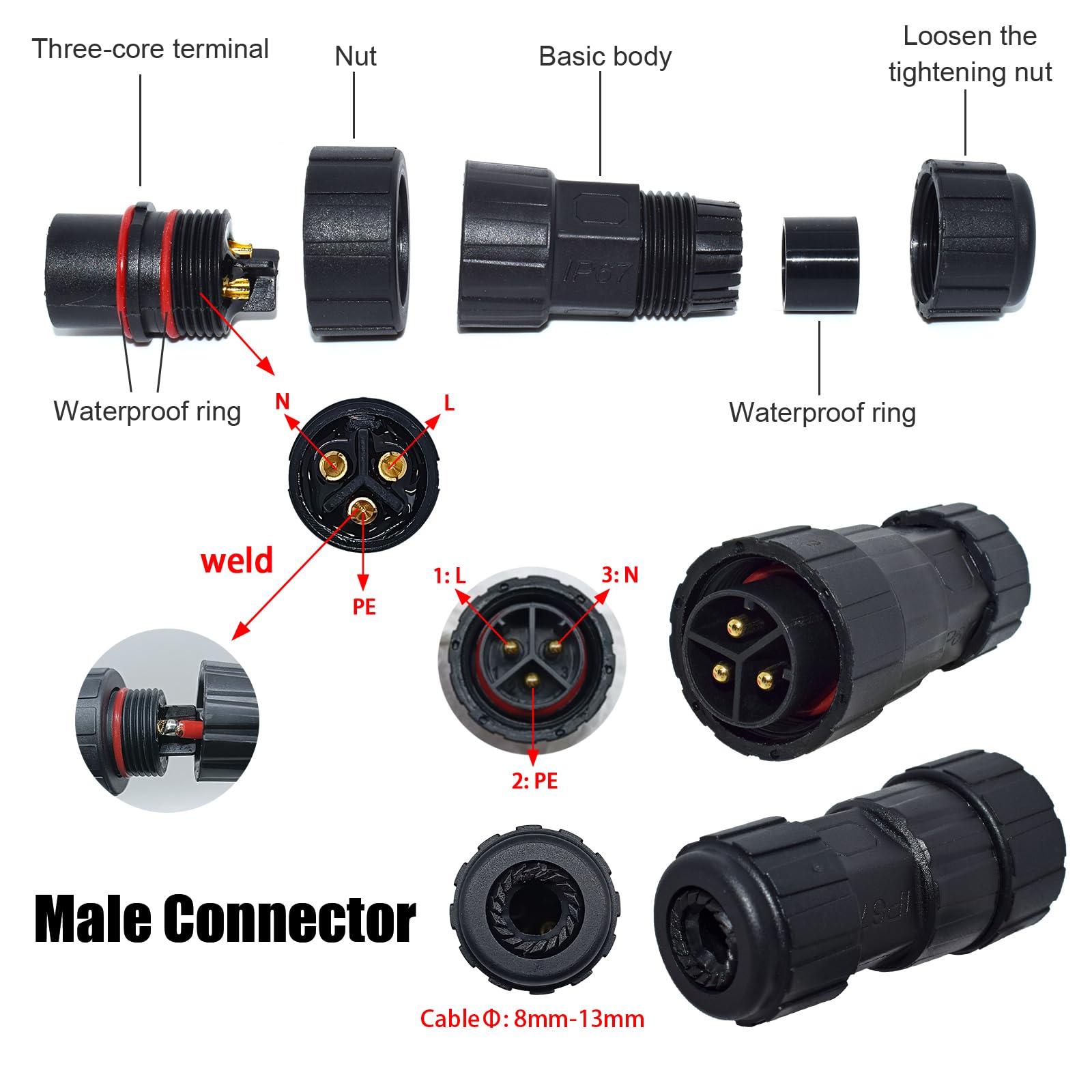JINKAIMING M25 Wire to Wire 3 Pin Connector Male and Female Welding Cable Electrical Plug Waterproof IP67 for WVC Solar Grid Tie Micro Inverter Power AC Cable