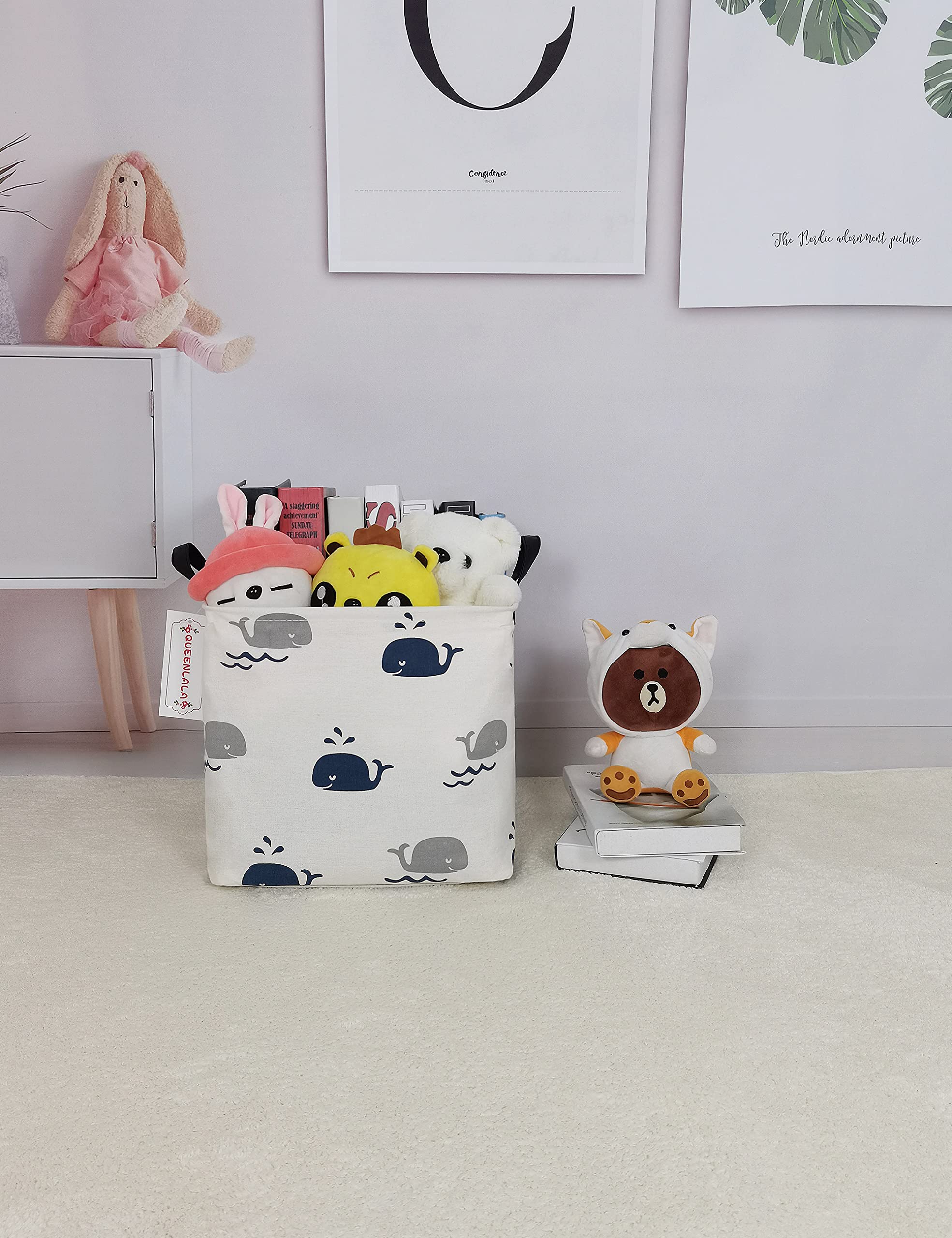 QUEENLALA Rectangular Laundry Hamper/Foldable Nursery Laundry Basket for Organizing/Storage Bin Baskets/Children Toy Office Bedroom/Toy Bin Closet Shelf Baskets(Square-Blue Cute Whale)