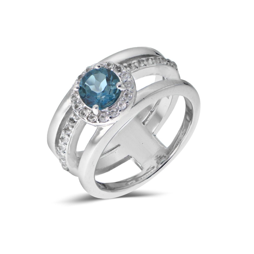 Ice Gems Sterling Silver London Blue Topaz and White Topaz Three Row Halo Ring, Size 10