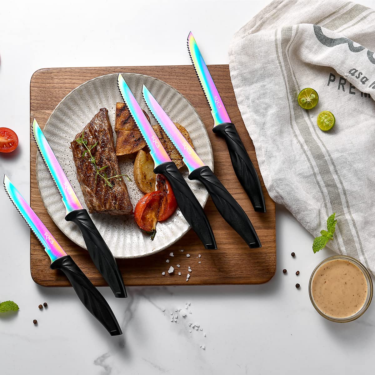 Rainbow Titanium Knife Set 17 PCS Kitchen Knives Set Sharp Cutlery Knife Sets Contain 6 Steak Knives Sharpener Clear Acrylic Stand Nonstick Chef Knife Block Set (Black Handle Rainbow Blade)