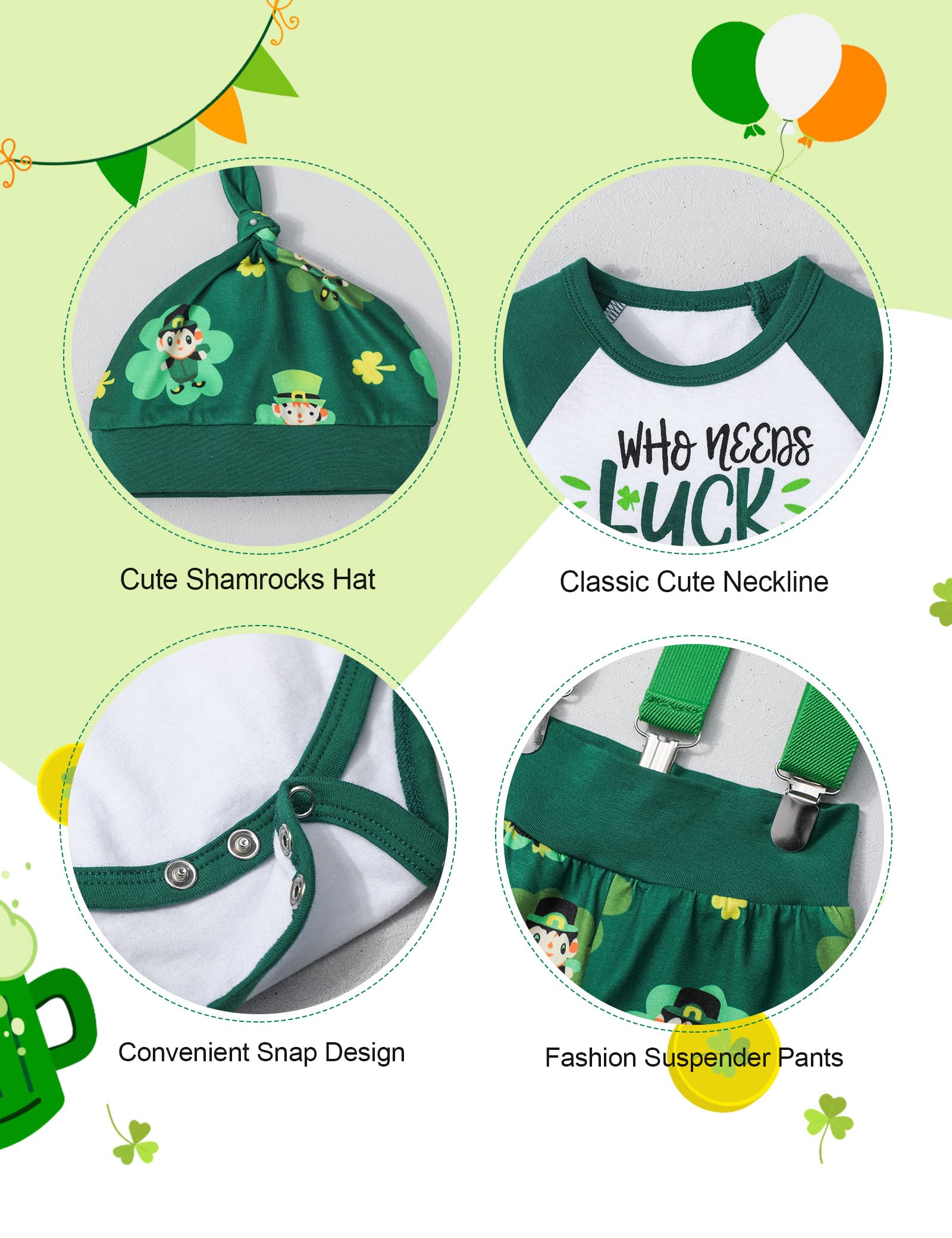 Queenstyle St Patricks Day Baby Boy Outfitt 3-6 Months My First St Patricks Day Baby Boy Outfit Romper Suspender Pants Print Hat 3Pcs Set