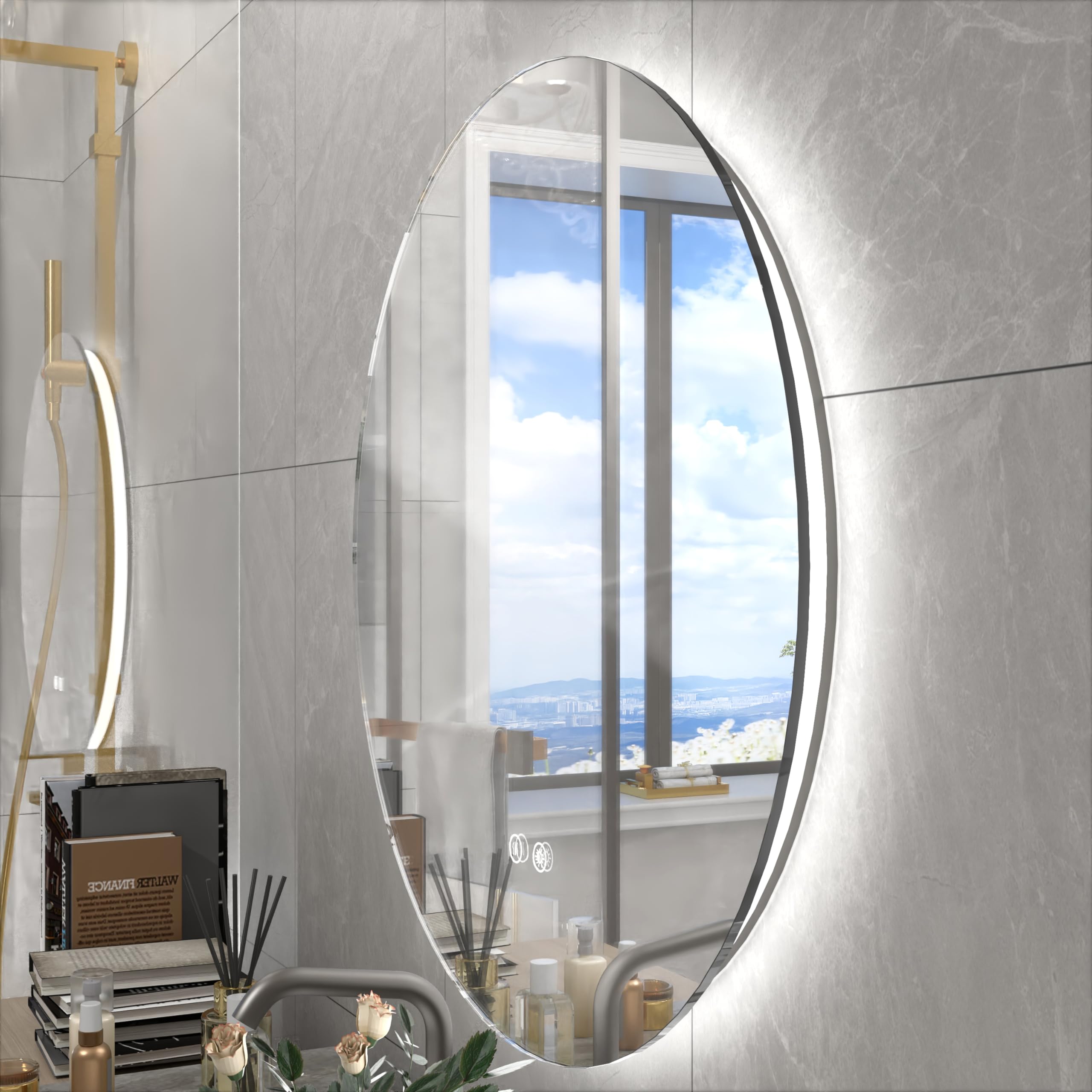JSneijder 2-Piece LED Bathroom Mirror 36 Inch Backlit Round Mirror & 28x36 Inch Rectangular Framed Mirror, Wall Mounted Dimmable Anti-Fog