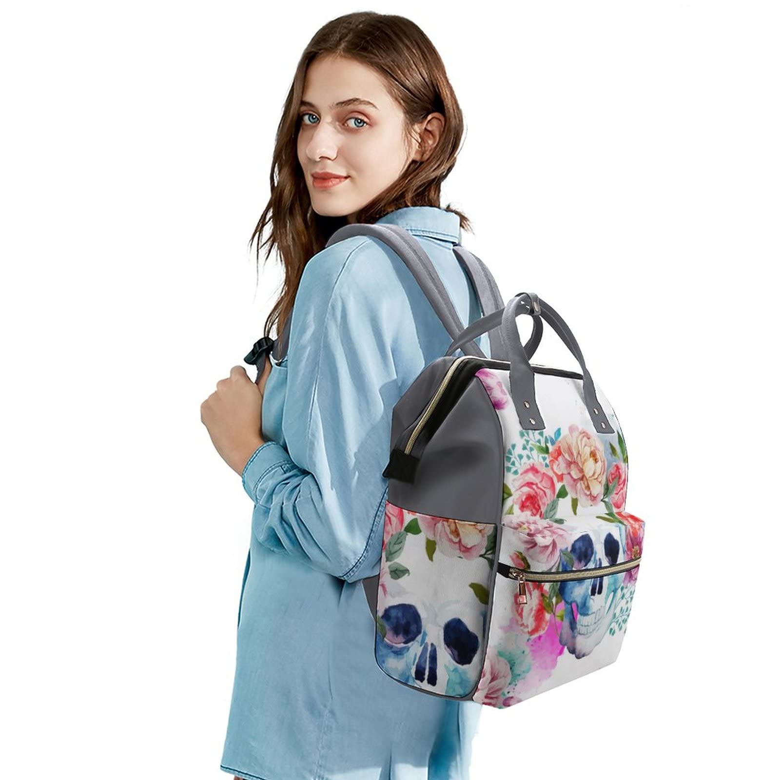 Skull and Flowers Day of The Dead Diaper Bag Backpack Large Capacity Mommy Bags Multifunction Nappy Bag Travel Back Pack Gray-Style