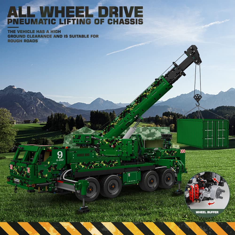 Mould King Technic Heavy-Duty RC Crane Truck Construction Toys, 20009 APP Remote Control Crane Building Sets, Mobile Crane Building Blocks Kit, MOC Building Blocks for Adults Kids 14+ Green(5539 PCS)