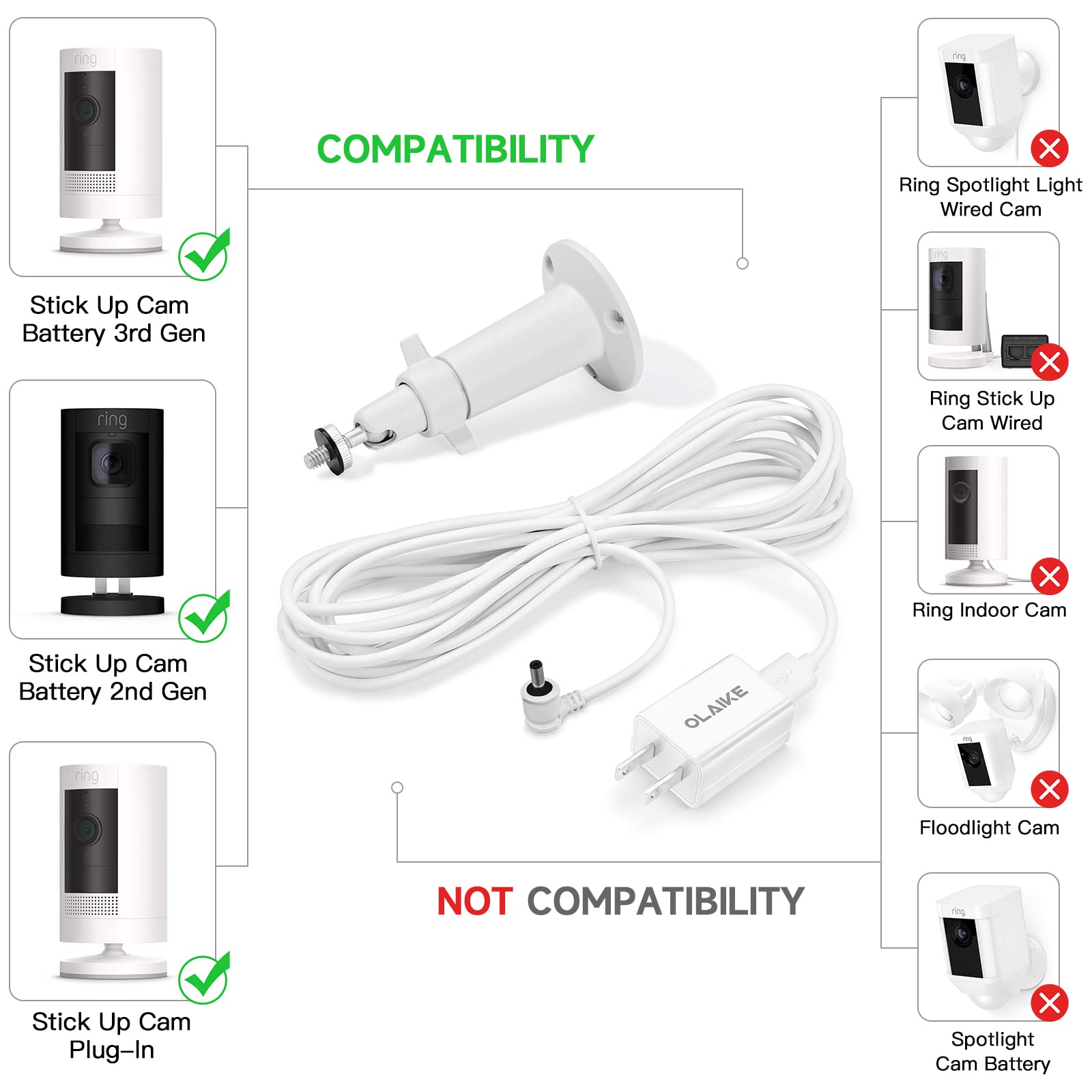 OLAIKE Power Adapter with Metal Mount Plug in Charger for Stick Up Cam Battery, (5m/ 16ft) Waterproof Charging Cable Bundle with 360 Degree Angle Adjustment Bracket, White