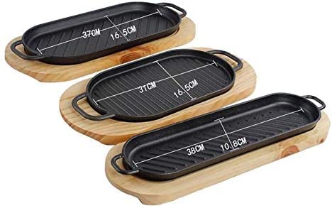 Mavoorick Cast Iron Steak Platter,Skillet Serving Plate with Handle, Kitchen Asian Style Cast Iron Serving Dish with Wooden Serving Board,Grilled Steak Grilled Meat Iron Plate-S