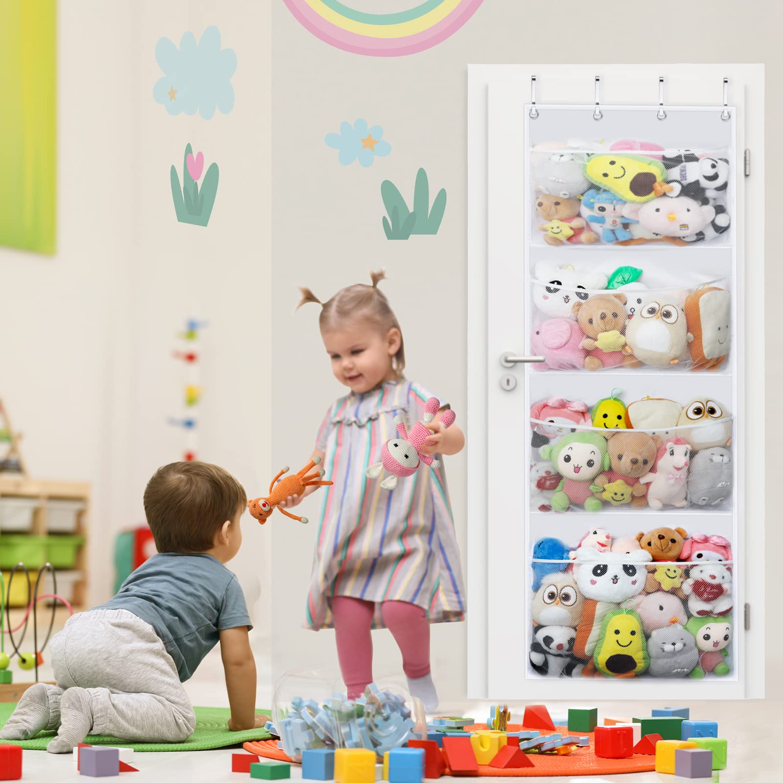 Roury Stuffed Animal Storage Over The Door Organizer Kids Room Storage Hanging Door Organizer Holder Net (white)