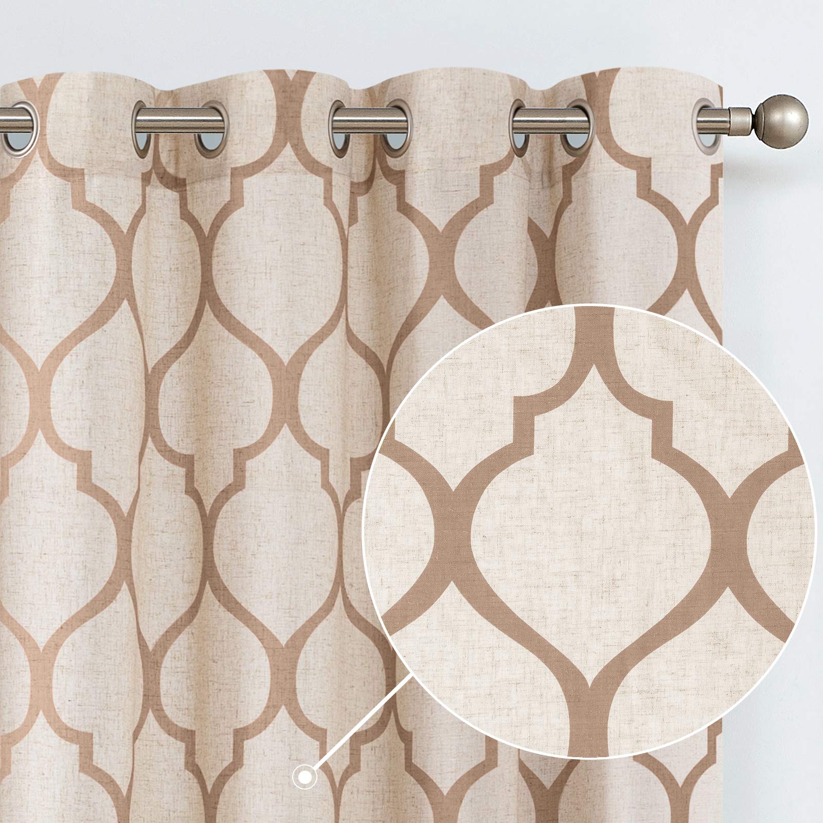 jinchan Linen Curtains for Living Room, Moroccan Tile Printed Curtains 63 Inch Length for Bedroom, Lattice Light Filtering Drapes, Grommet Top Window Treatments, Taupe on Beige, 2 Panels Set