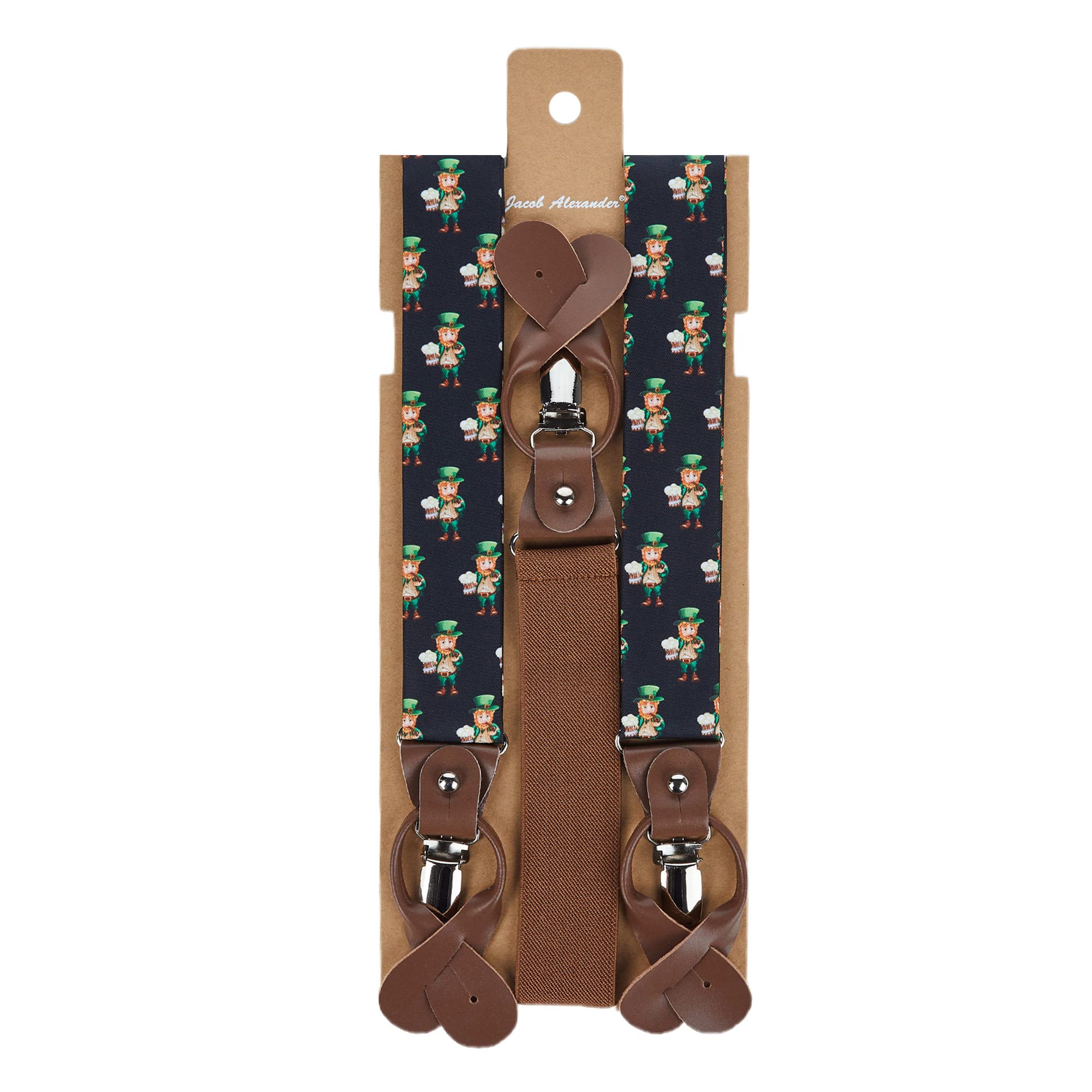 Jacob Alexander Men's Happy Saint Patrick's Day Leprechaun Holding Drinks Pattern Suspenders - Dark Green