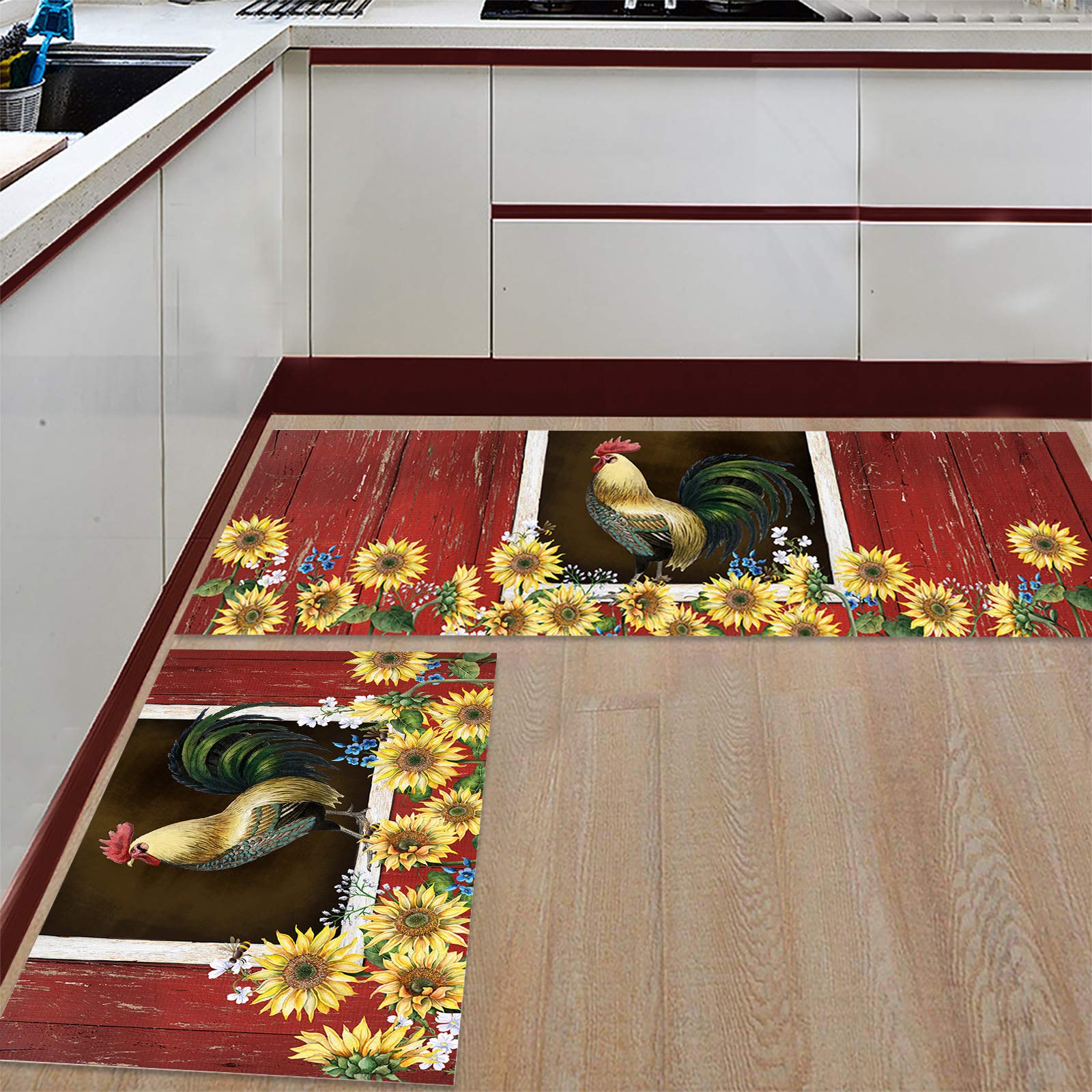 Kitchen Rugs Sets 2 Piece Floor Mats Sunflower Farmhouse Rooster Red Wood Grain Durable Doormat Non-Slip Rubber Backing Area Rugs Washable Carpet Inside Door Mat Pad Sets-19.7" x 31.5"+19.7" x 47.2"
