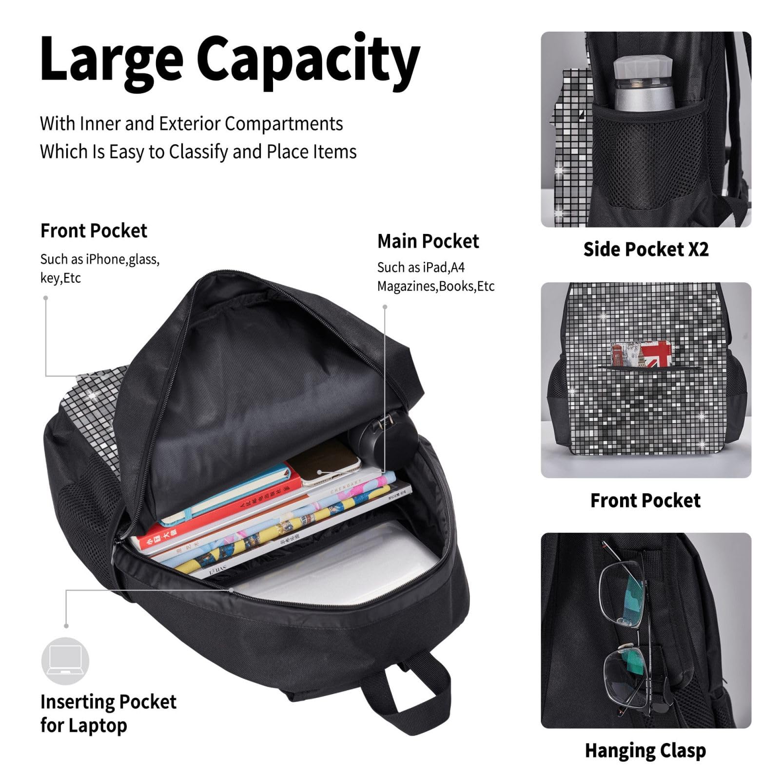 KoNsev 3pcs Backpack Sets,Silver Sequin Sparkle Pattern Printed Backpacks Set With Lunch Bag Pencil Pouch