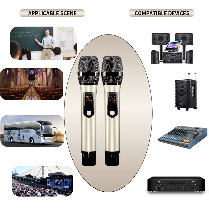 PAsucceed Wireless Microphones, UHF Metal Dual Handheld Cordless Microphone, Rechargeable Receiver, for Church, Speech, Wedding, Party Singing,Karaoke Machine, Speaker, Amplifier,160ft Range