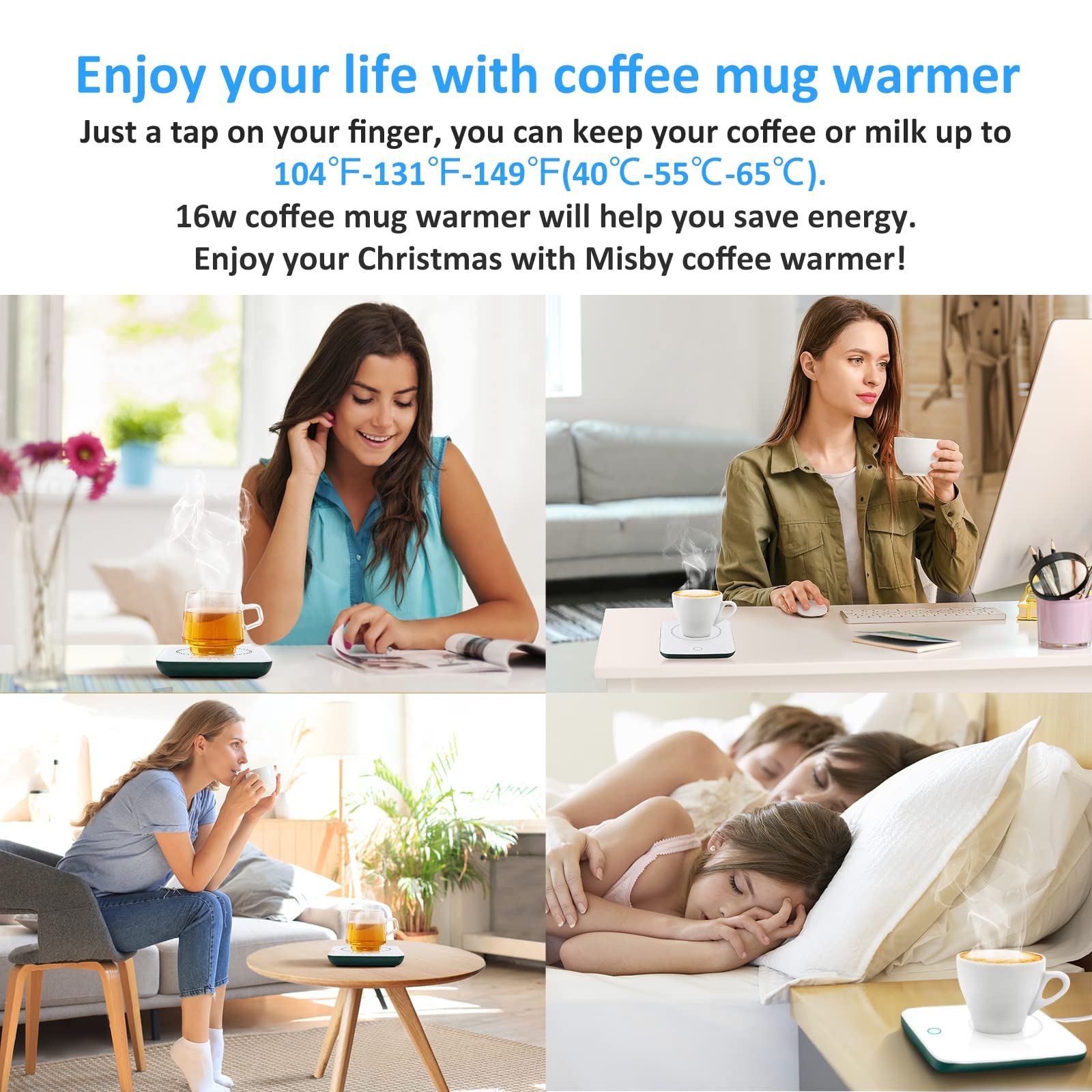 Misby Mug Warmer, Coffee Cup Warmer with Auto Shut Off Coffee Warmer for Desk Use, Electric Coffee Mug Warmer Keep Coffee, Beverage, Milk, Tea (White +Green)