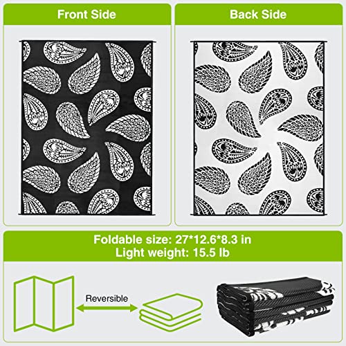 ONME Outdoor Rug RV Mat Recycled 9x12FT Reversible Mats with 8 Corner Loops for Outdoors, Patio, Backyard, Deck, Picnic, Beach, 8 Stakes and Carry Bag Included (Black and White Paisley)