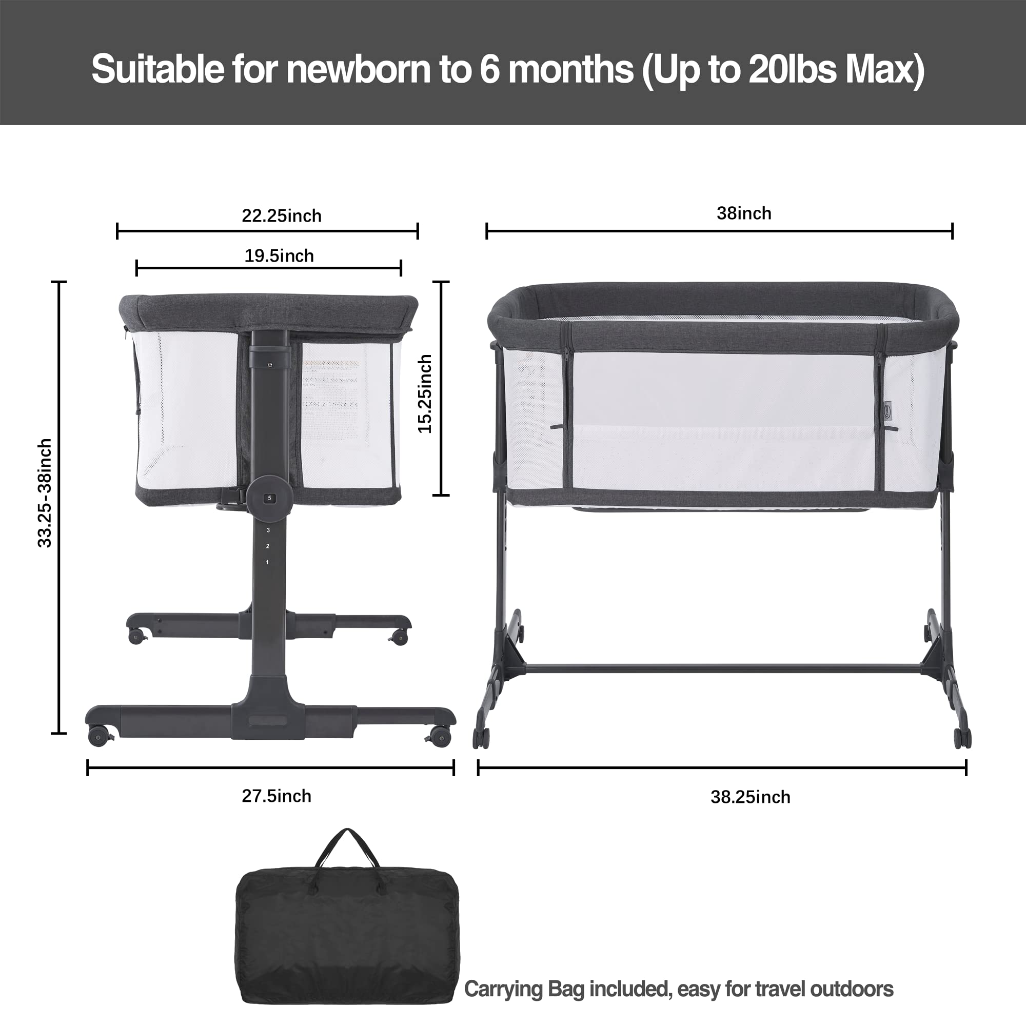 QUTANIX Baby Bassinet Bedside Sleeper, Bedside Crib Co Sleeper for Baby, Easy Folding Portable Mini Crib for Newborn/Infant (Grey)