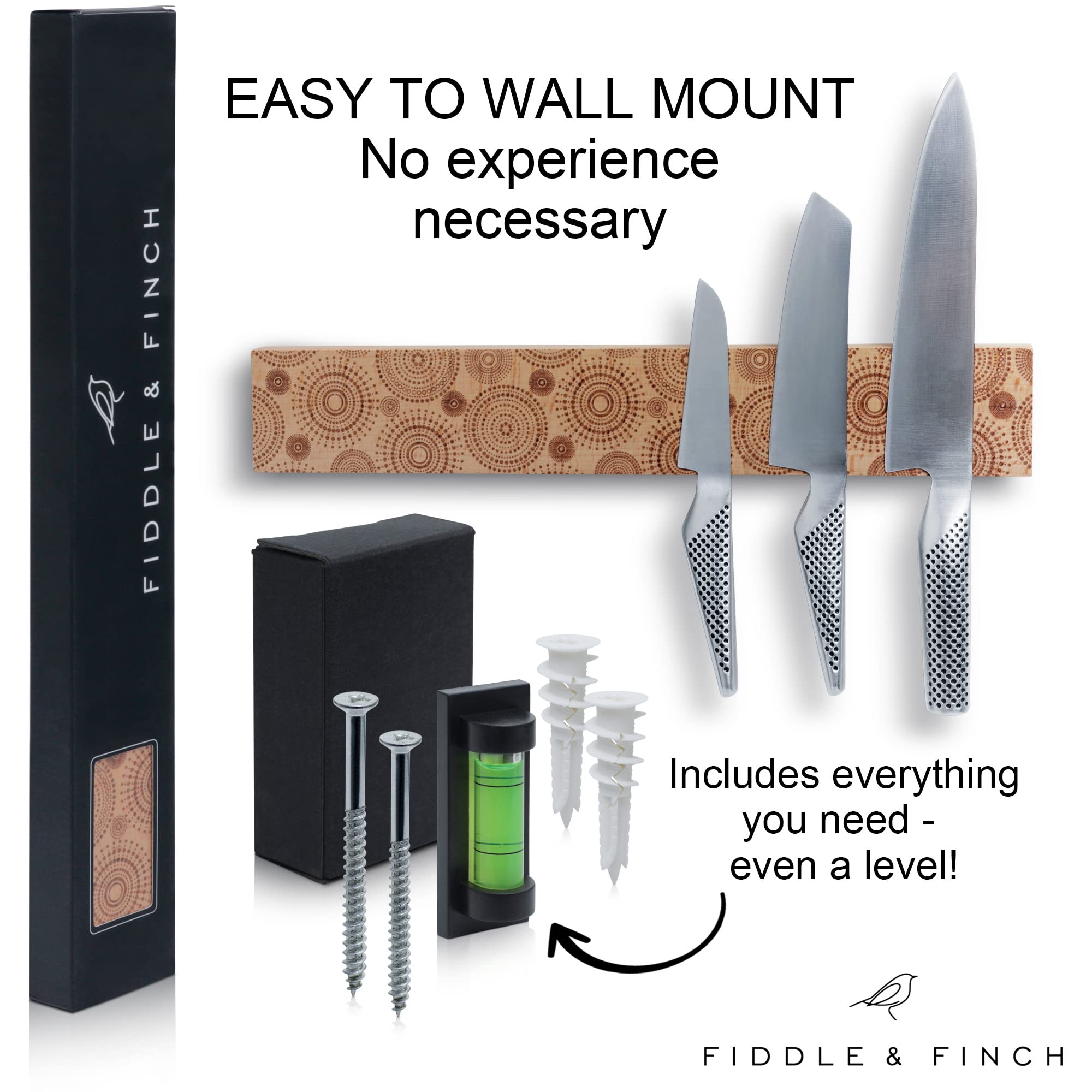 Magnetic Strip Knife Holder β Etched Wood Knife Rack or Bar with Hardware for Hanging & Wall Mounting. β Kitchen Utensil Organizer & Storage by Fiddle & Finch, 16 Inch. Circle Design