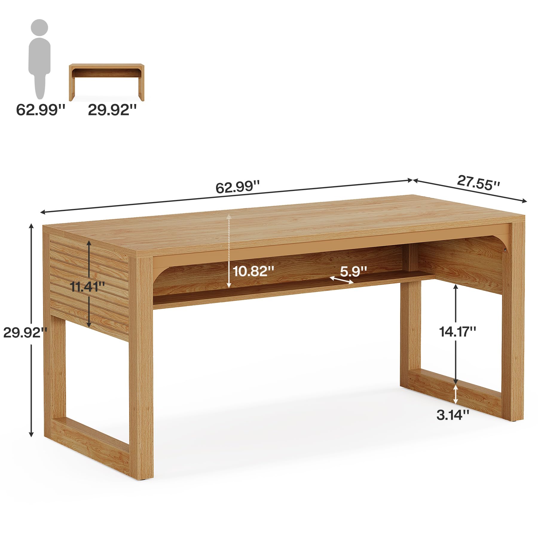 Tribesigns 63-Inch Computer Desk with Bottom Storage Shelf, Modern Home Office Desk Writing Table with Thickened Desktop, Wood Executive Desk Workstation, Natural