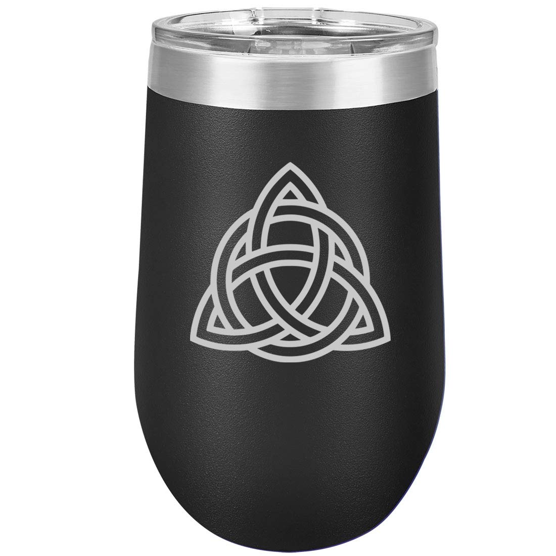 MIP Brand 16 oz Double Wall Vacuum Insulated Stainless Steel Stemless Wine Tumbler Glass Coffee Travel Mug With Lid Triquetra Symbol Celtic Knot (Black)