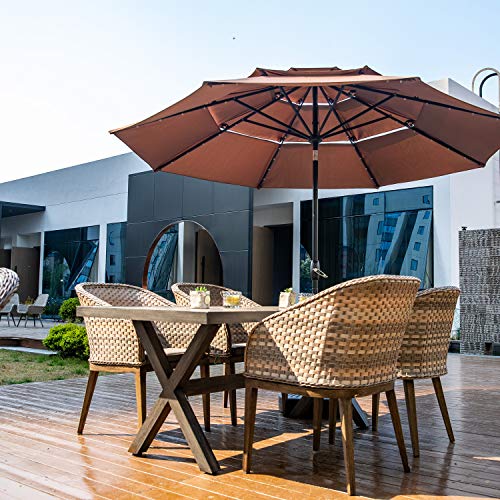 outdoor basic 10Ft 3 Tiers Vented Patio Umbrella Market Table Umbrella with Lights and Crank Handle with Auto-tilt Mechanism Coffee