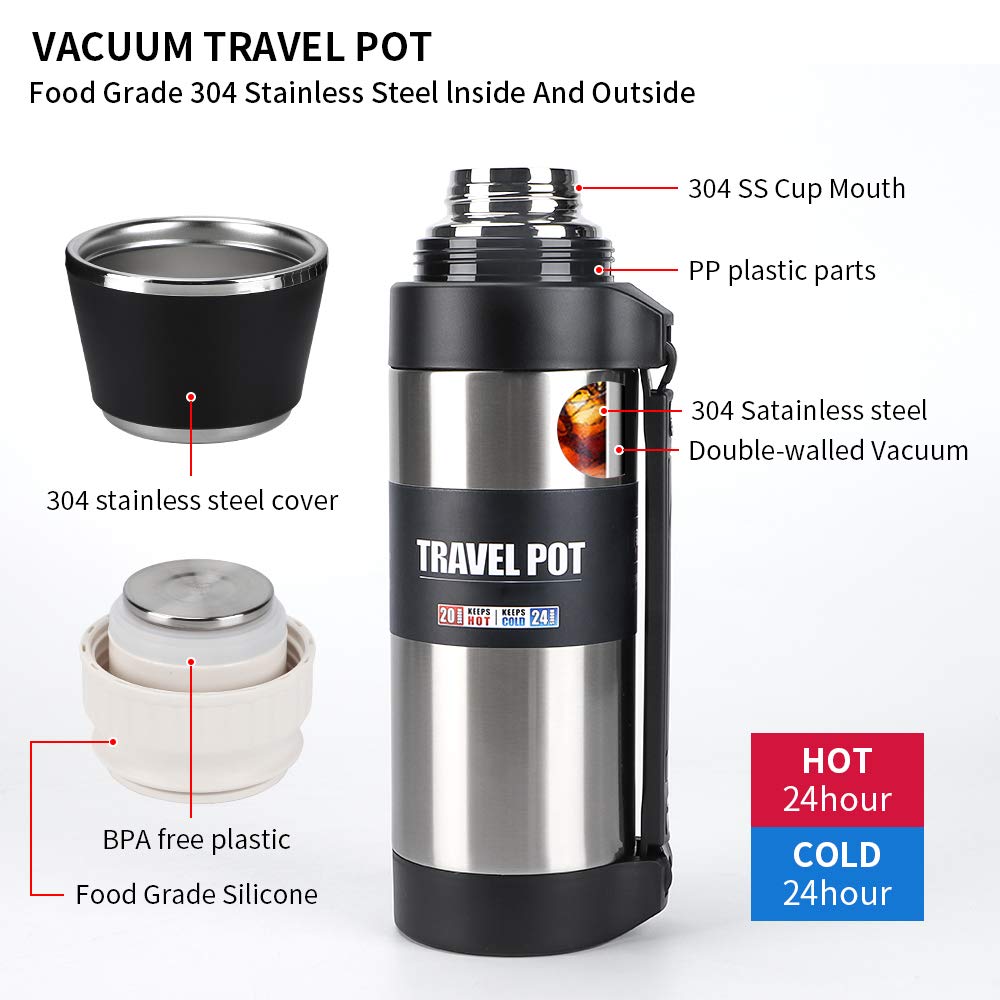 MUCR Stainless Steel Thermoses with Cup β 53 oz Double-Wall Vacuum Insulated Water Bottle for Travel β Large Coffee Thermoses with Handle β Keeps Liquid Hot or Cold, Leak Resistant,Silver
