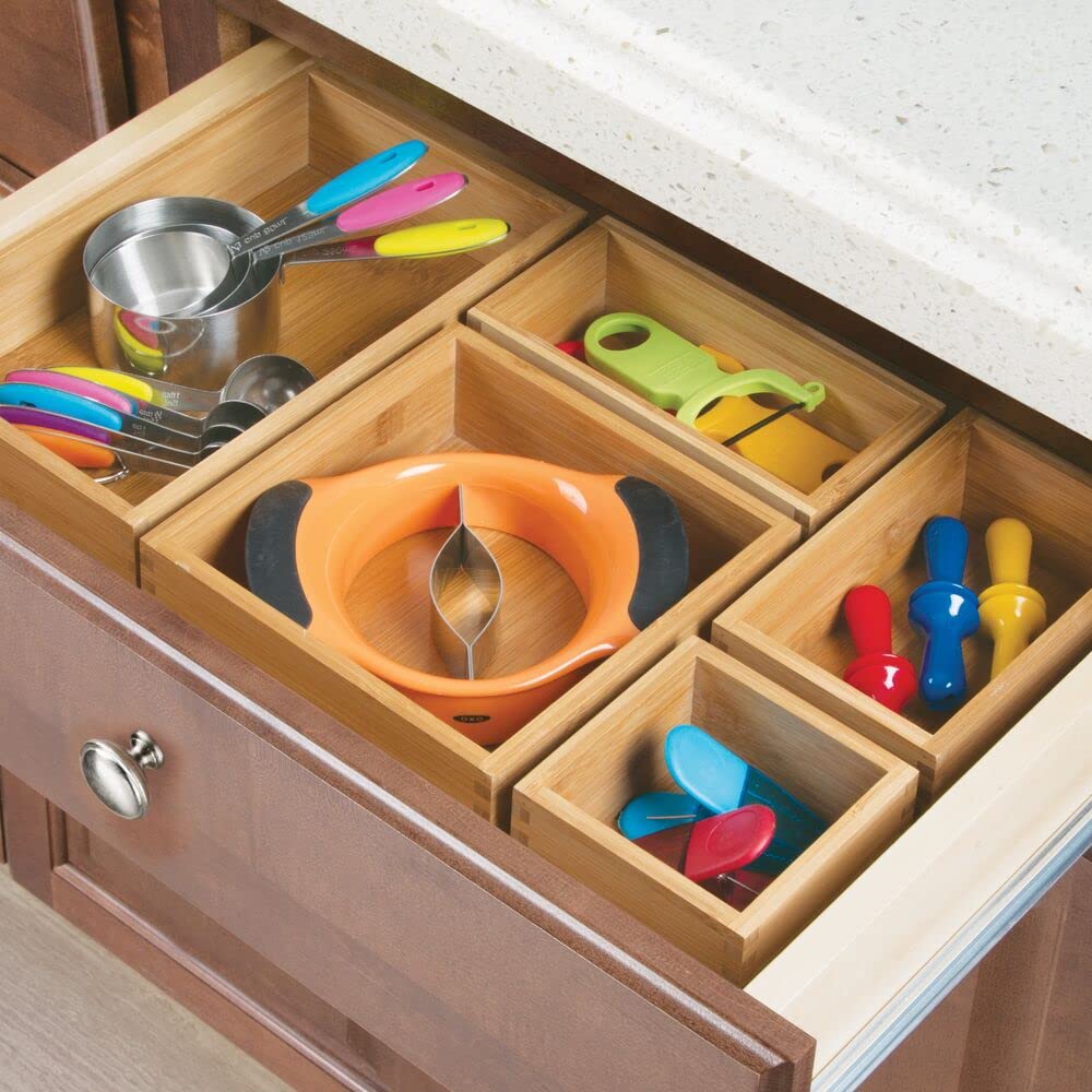 mDesign Wood Bamboo Storage Bin Container, Drawer Organizer Crate Boxes for Kitchen Pantry Cabinet, Shelf, Island or Countertop, Holds Snacks, Spices, or Drinks, Echo Collection, 4 Pack, Natural/Tan