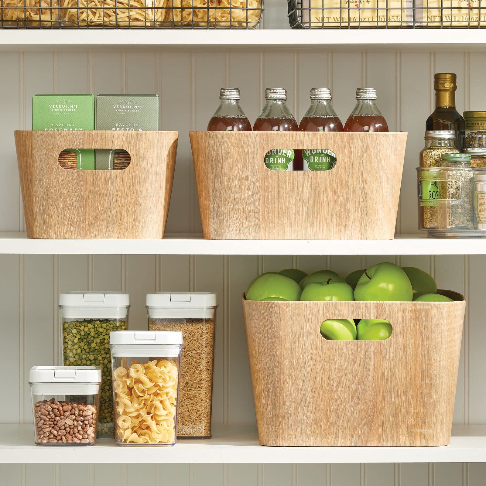 mDesign Wood Print Food Bin Box with Handles - Rustic Basket for Kitchen and Pantry Vegetable and Potato Storage - Perfect for Garlic, Onions, Fruit, and More - 12" Long - 4 Pack - Natural