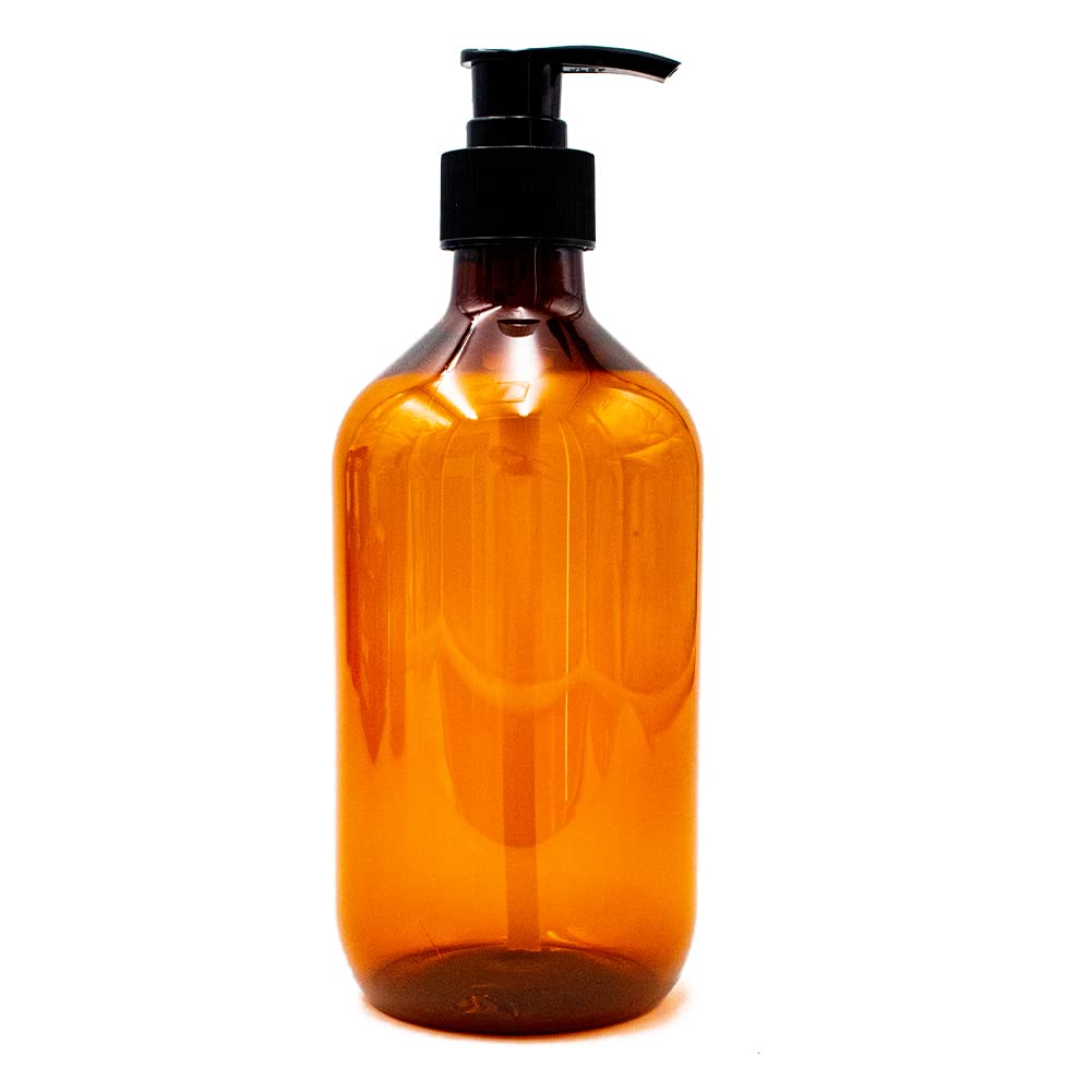 Pump Dispensers 2pack Large, 16 oz, Empty, Amber Plastic Bottles with Black Lotion Pumps Empty Plastic Refillable Lotion Soap Shampoo Bottles Dispenser