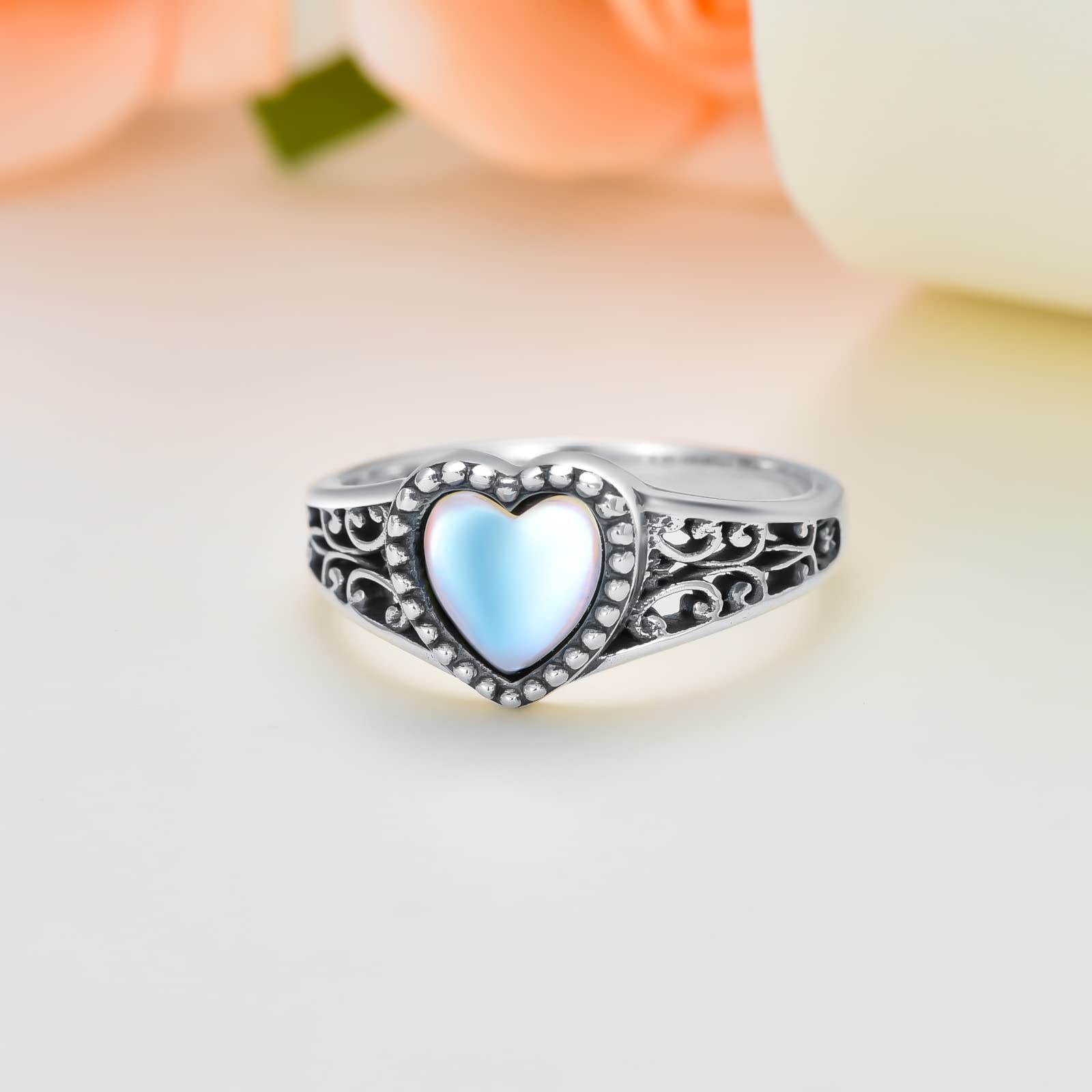 LONAGO Created Moonstone Ring 925 Sterling Silver Heart Shaped Vintage Ring Jewelry (Size 9)