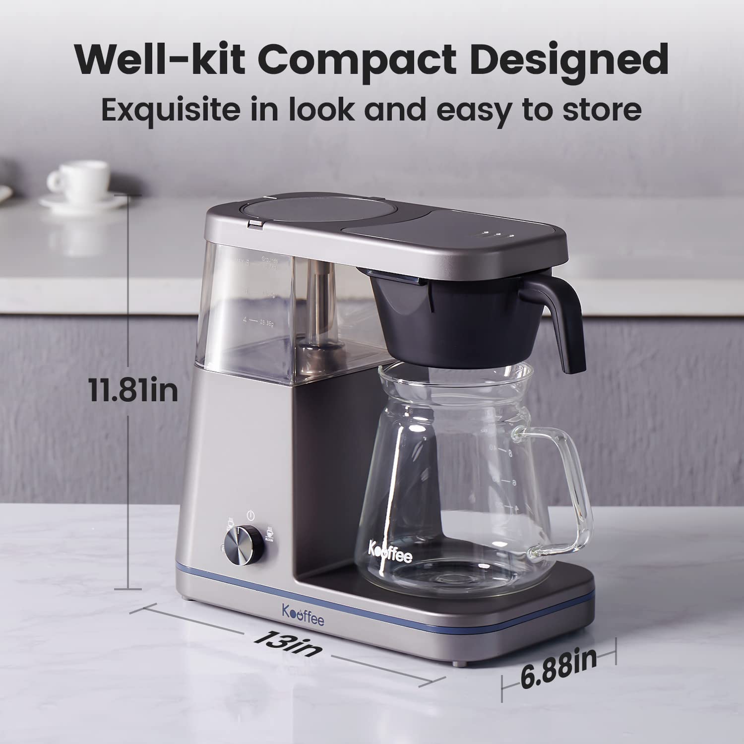 KOOFFEE Coffee Maker, One-button Brew, Essense-G 8 Cups 1.3L Coffee Machine, 1500 Watt, Optional Pre-infusion Bloom Mode, Drip Coffee Maker with Borosilicate Glass Carafe
