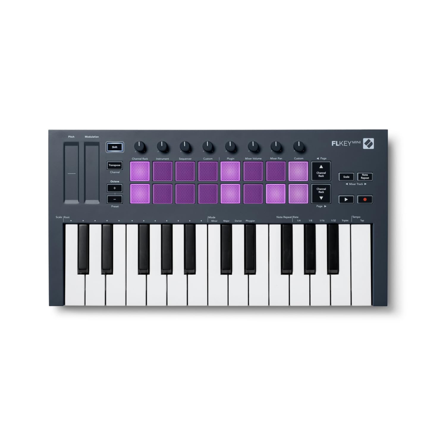Novation FLkey Mini 25-Key MIDI Keyboard Controller for FL Studio Bundle with 20 Fruity Edition Software (Boxed), Keyboard Piano Style Sustain Pedal (Black) and 4-Port USB 3.0 Hub (4 Items)